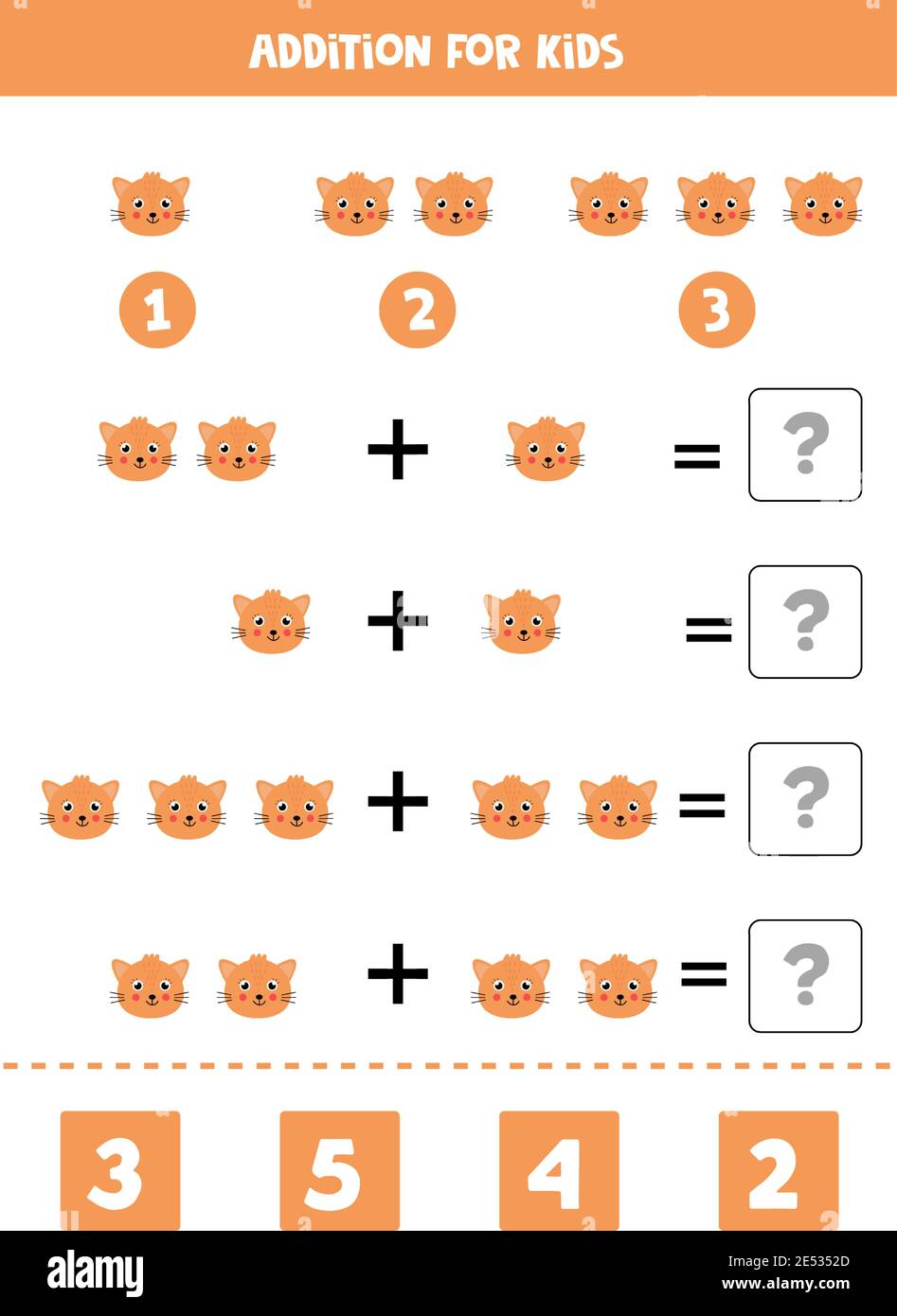 Addition game with cute cartoon cat face. Math game for kids Stock ...