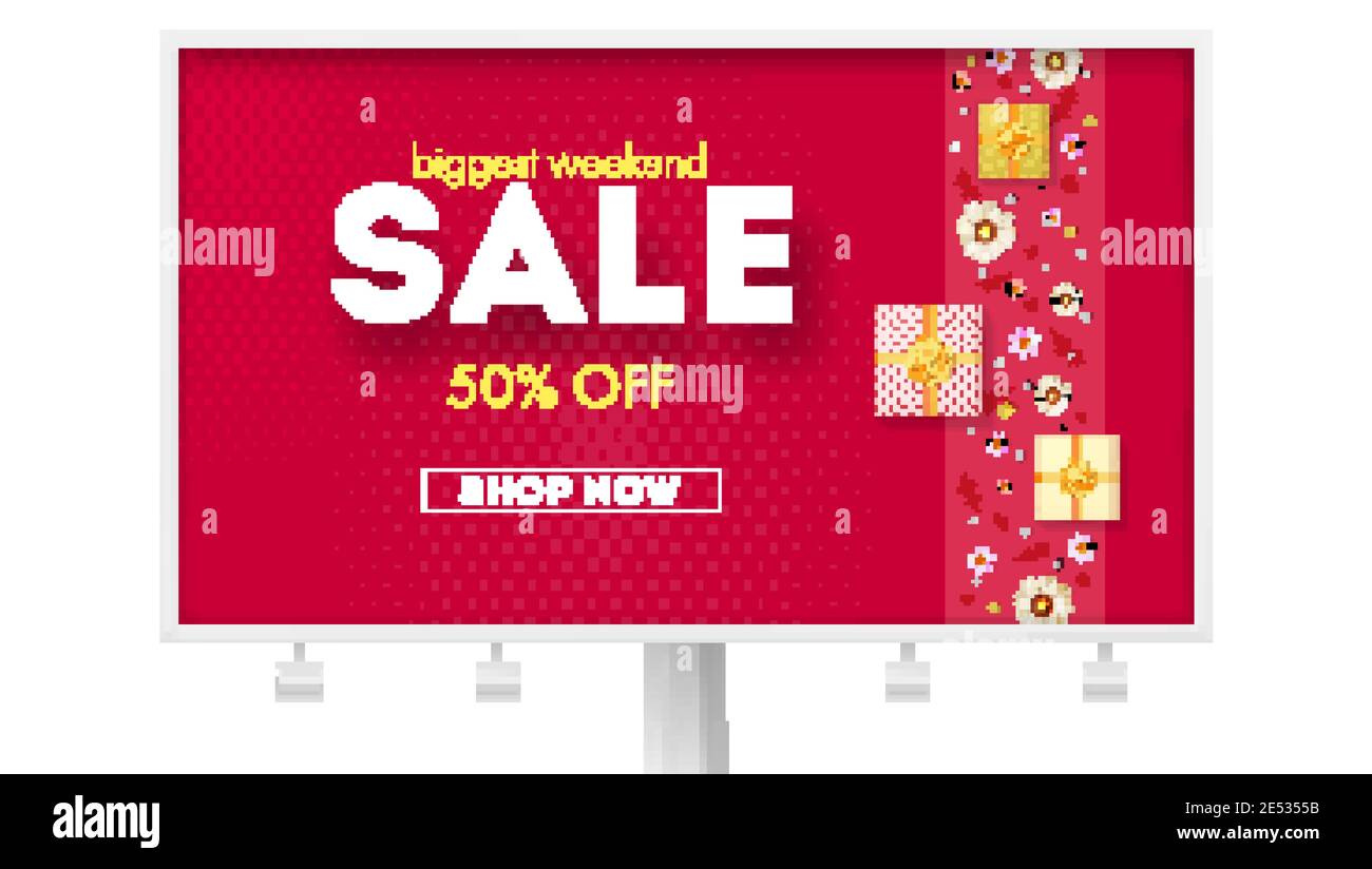 Biggest sale. Billboard red banner. Abstract pattern with gift boxes ...