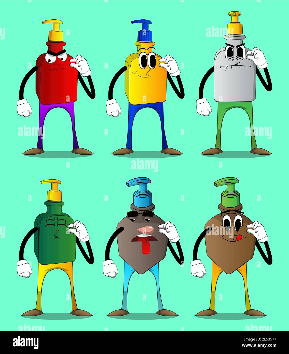 Cartoon bottle of hand sanitizer gel for hygiene with face gesturing a ...