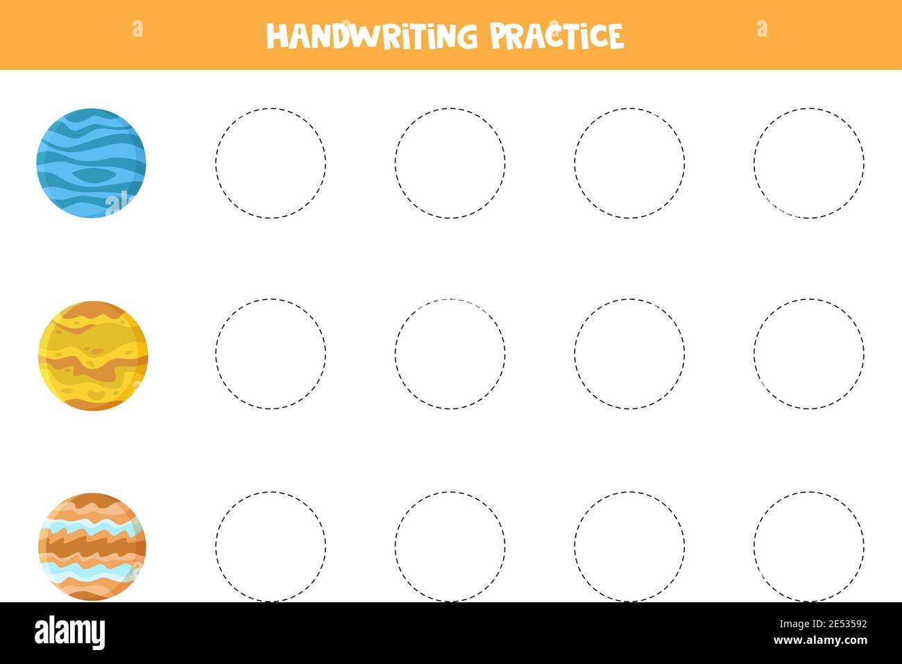 Tracing lines with colorful solar system planets. Handwriting practice ...