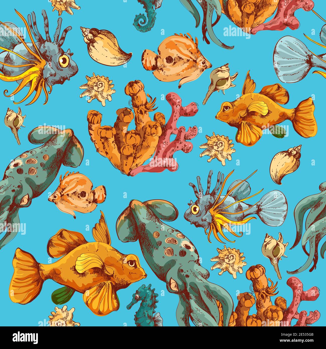 Sea fishes and ocean creatures sketch colored seamless pattern vector ...