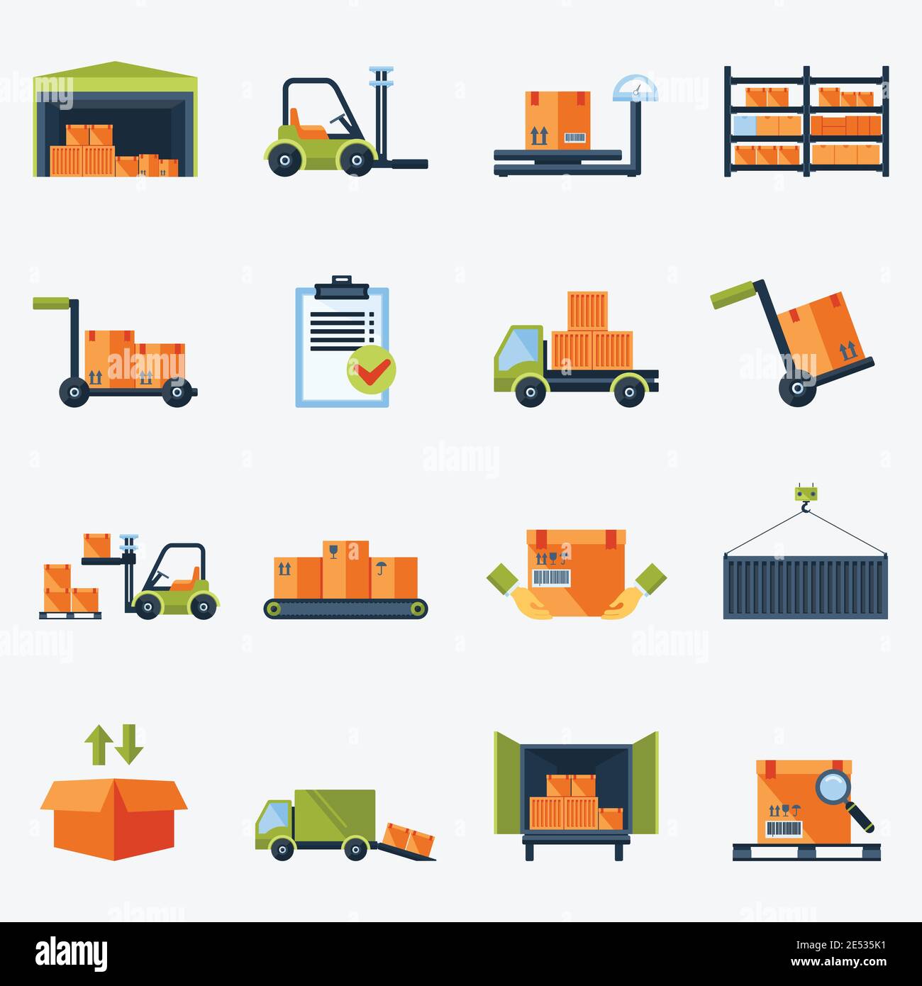 Warehouse transportation and delivery icons flat set isolated vector ...