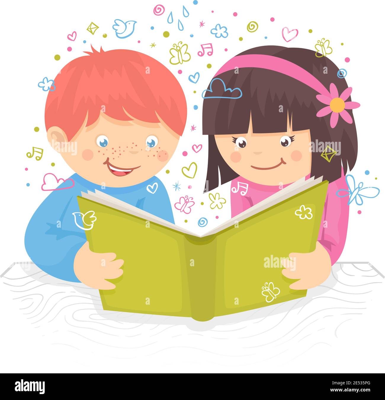 Kids boy and girl reading the book on table poster vector illustration ...