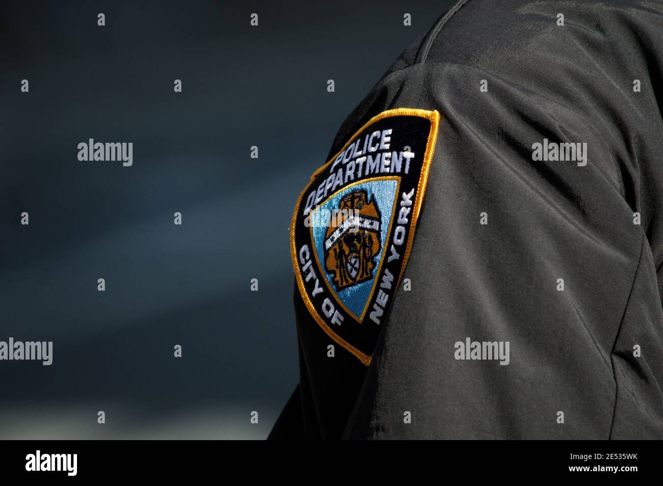 New York City in November 2019, NYPD sleeve patch shield on a police ...
