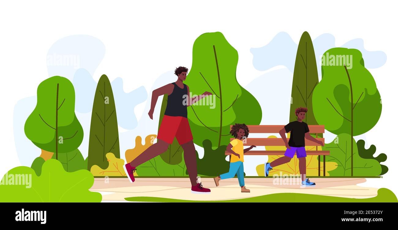 african american father running with little children parenting ...