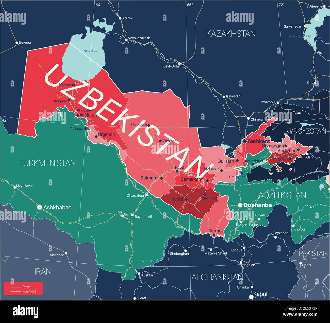Uzbekistan country detailed editable map with regions cities and towns ...