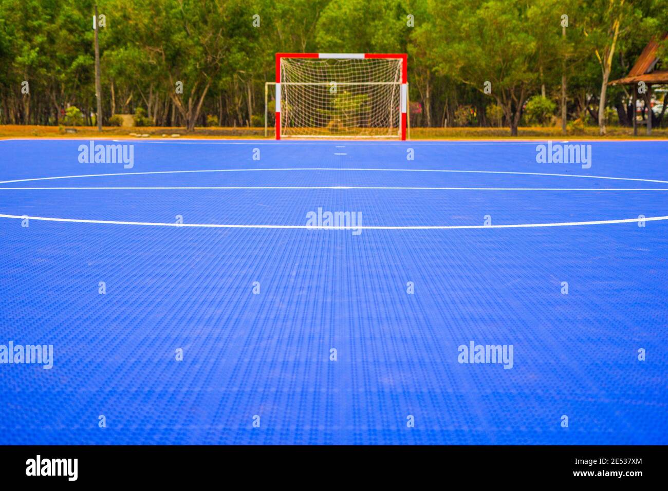 view of blue soccer field or football field Stock Photo - Alamy