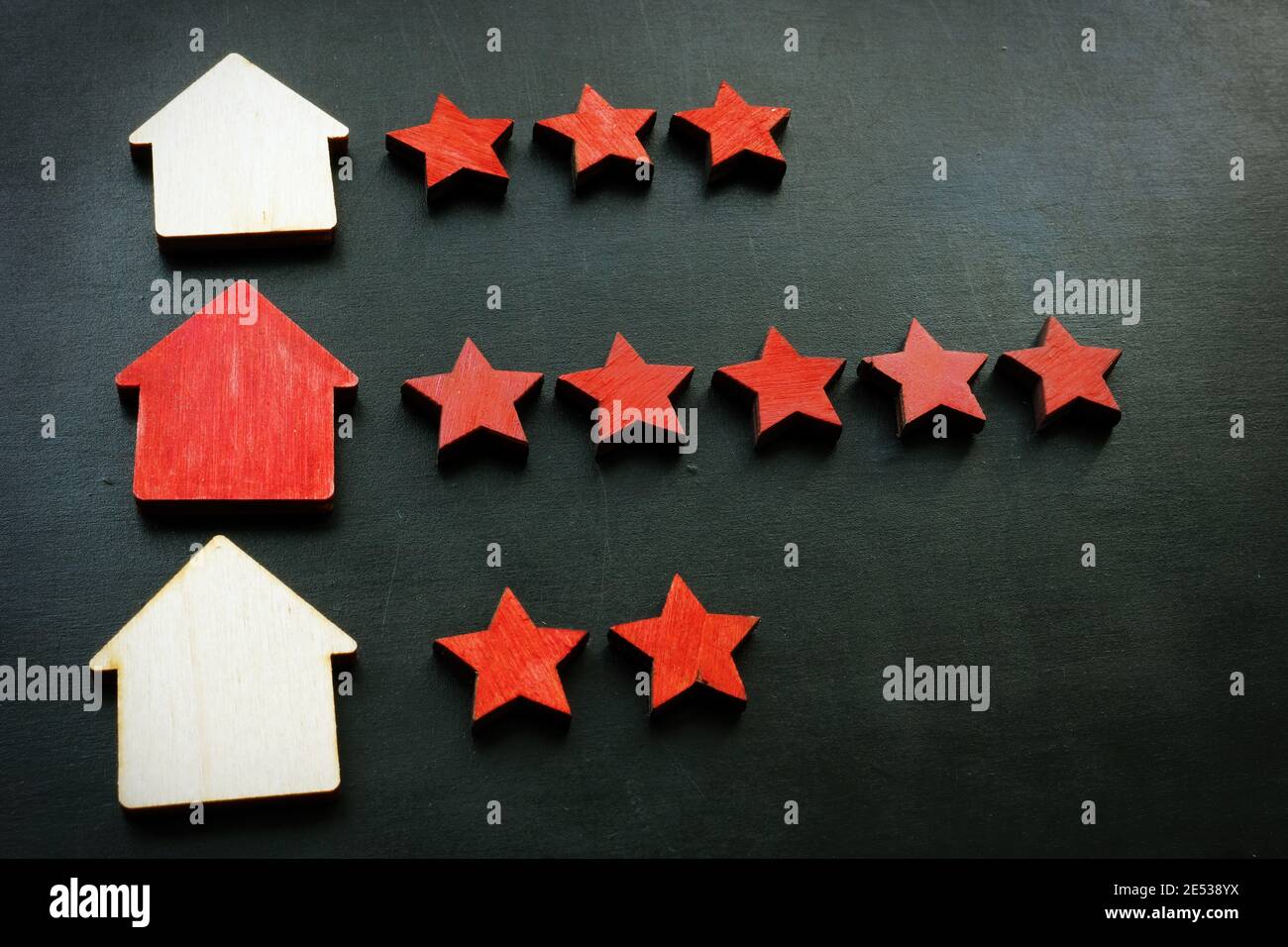 Home appraisal concept. Wooden house and rank five stars Stock Photo ...