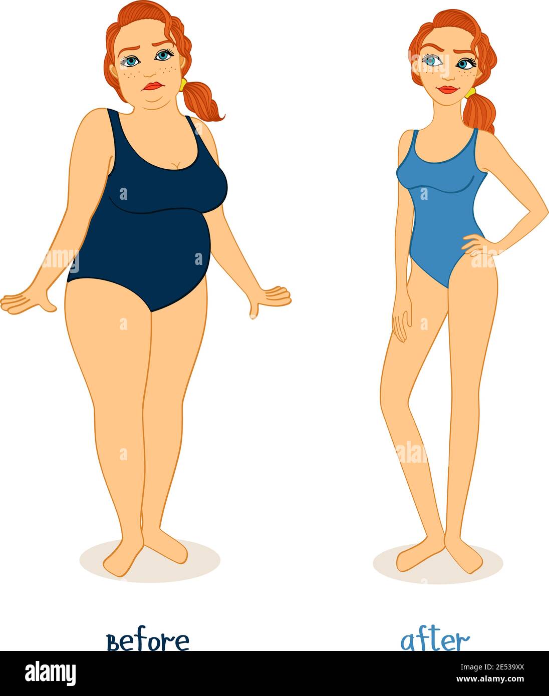 Fat And Slim Woman Figures Before And After Weight Loss Isolated
