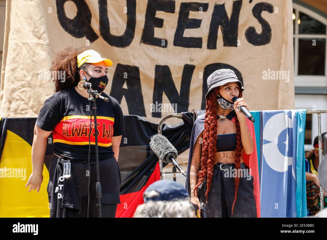 Aboriginal protesters Mel and Nadine speak to the protesters at Queens ...