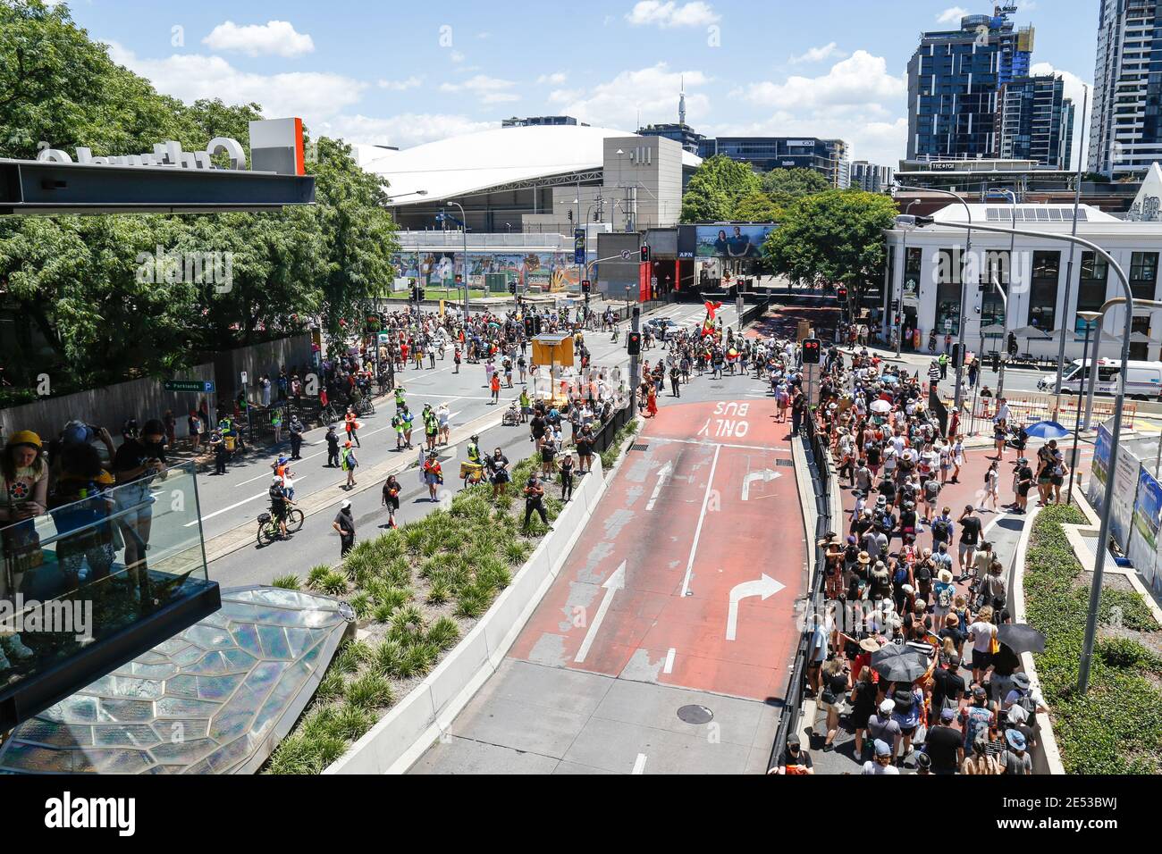 Protesters march through the Cultural Centre Busway Station at South ...