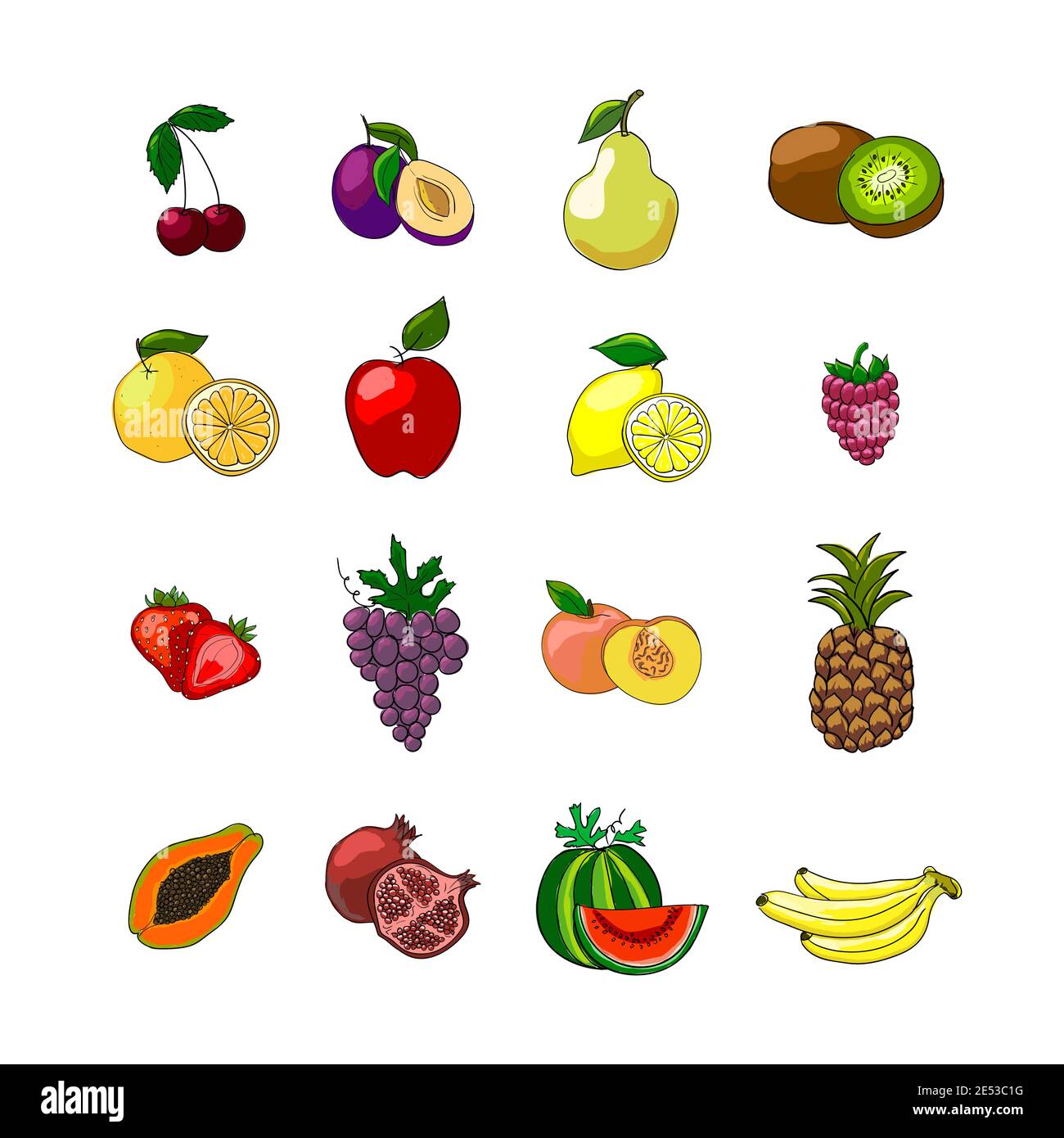 Fruits icons set of orange grape apple strawberry kiwi pineapple cherry ...