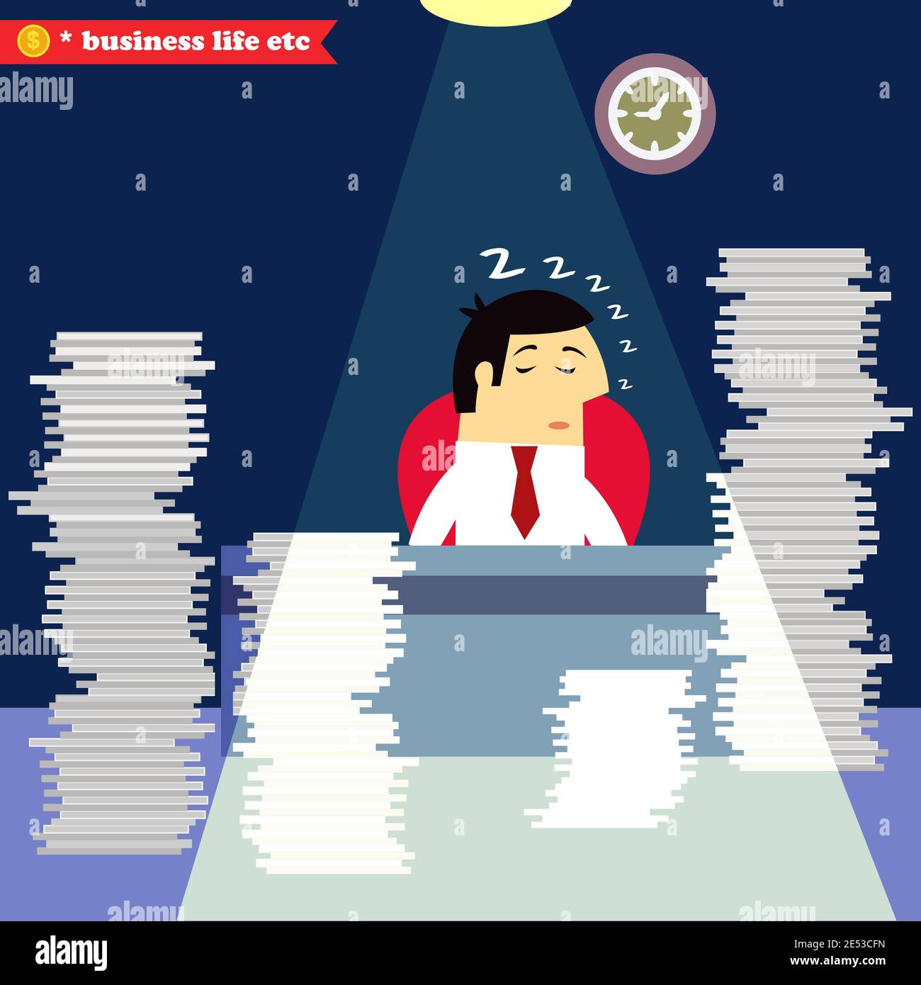 Business life. Businessman sleeping at the desk swamped with paper and ...
