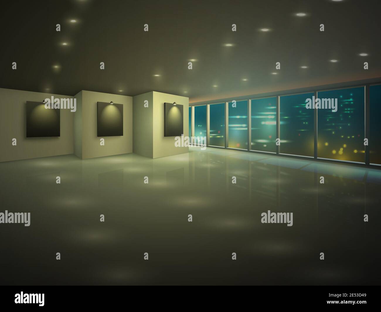 Empty illuminated apartment hall with city view at night vector ...
