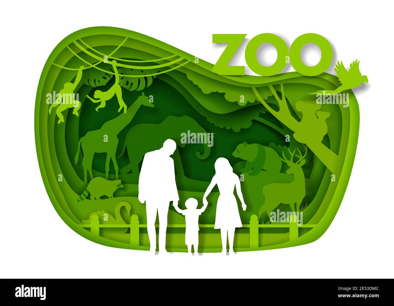 Happy family visiting zoo park, vector paper cut illustration. Zoo ...