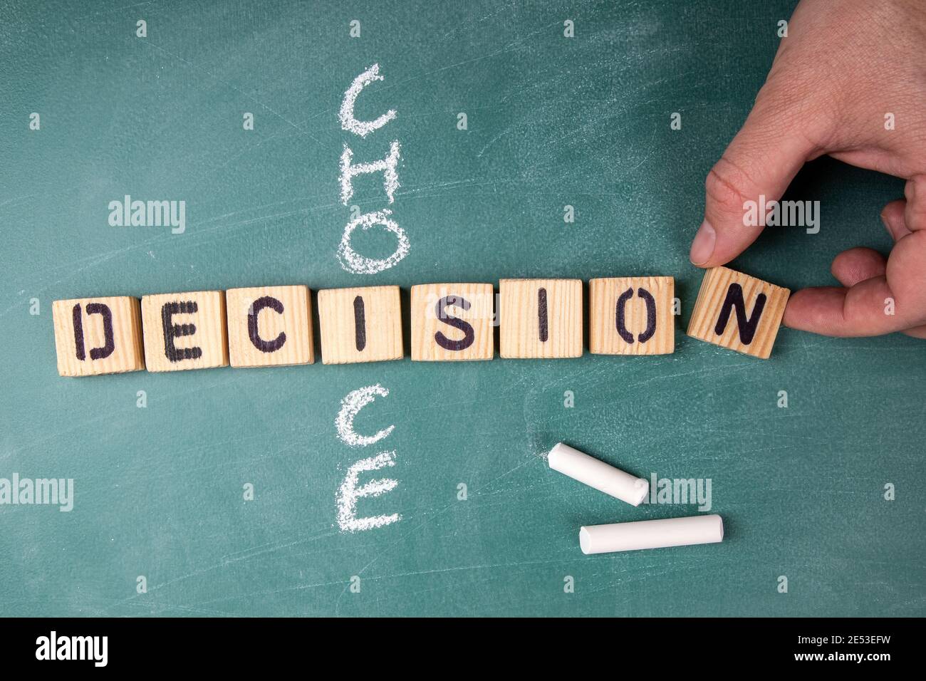 Decision and Choice. Text from letters of the wooden alphabet on a ...