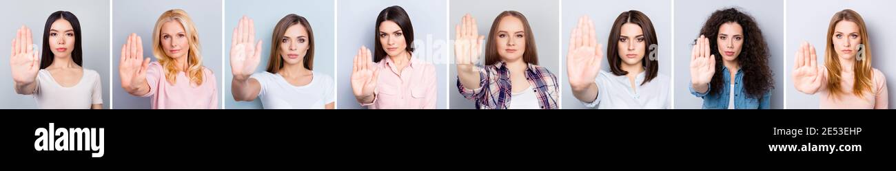 Collage design photo of different ladies raise arms avoid injustice men ...