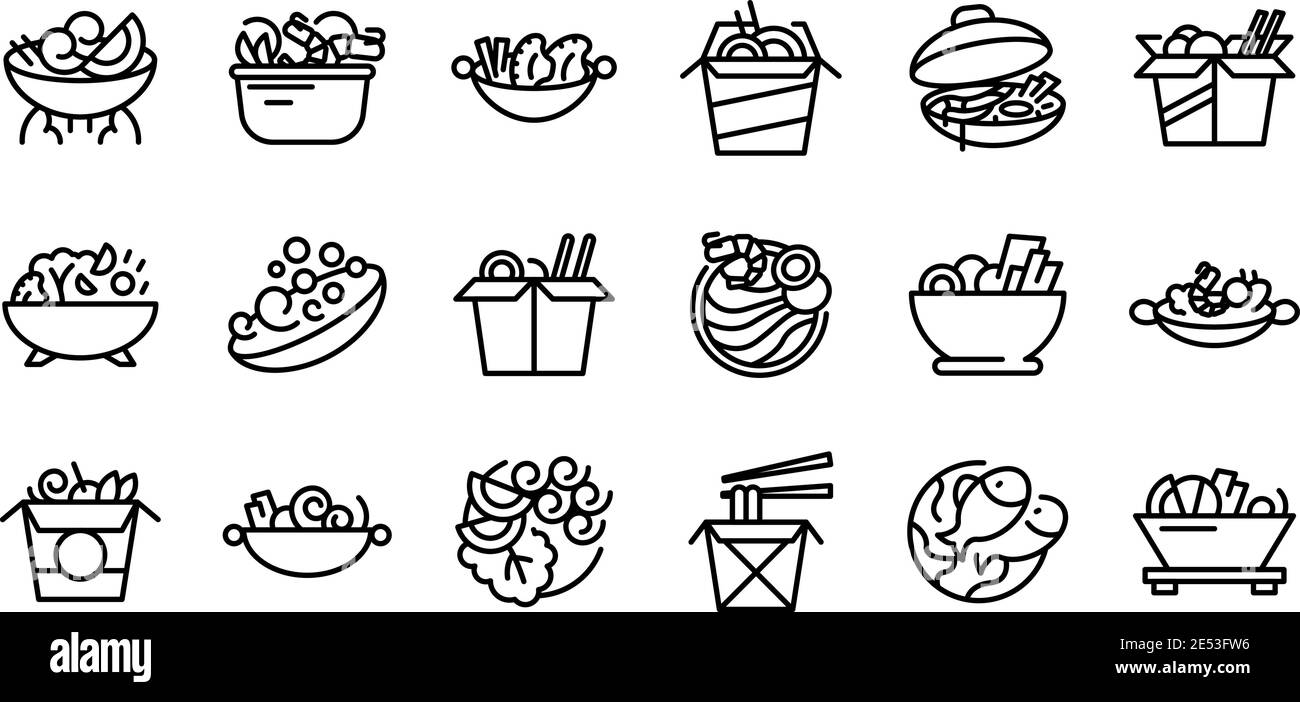 Wok menu icons set. Outline set of wok menu vector icons for web design ...