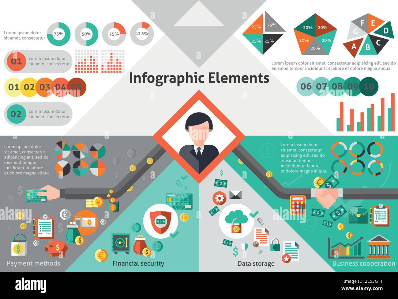 Finance infographic set with payment methods data storage paper ...
