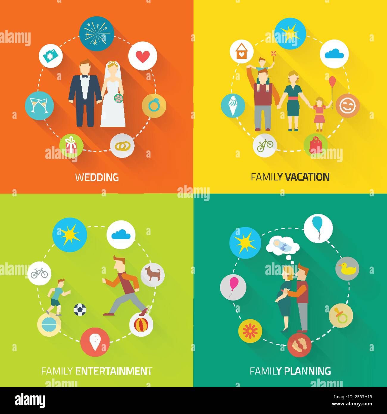 Family icons flat set with wedding vacation entertainment planning ...