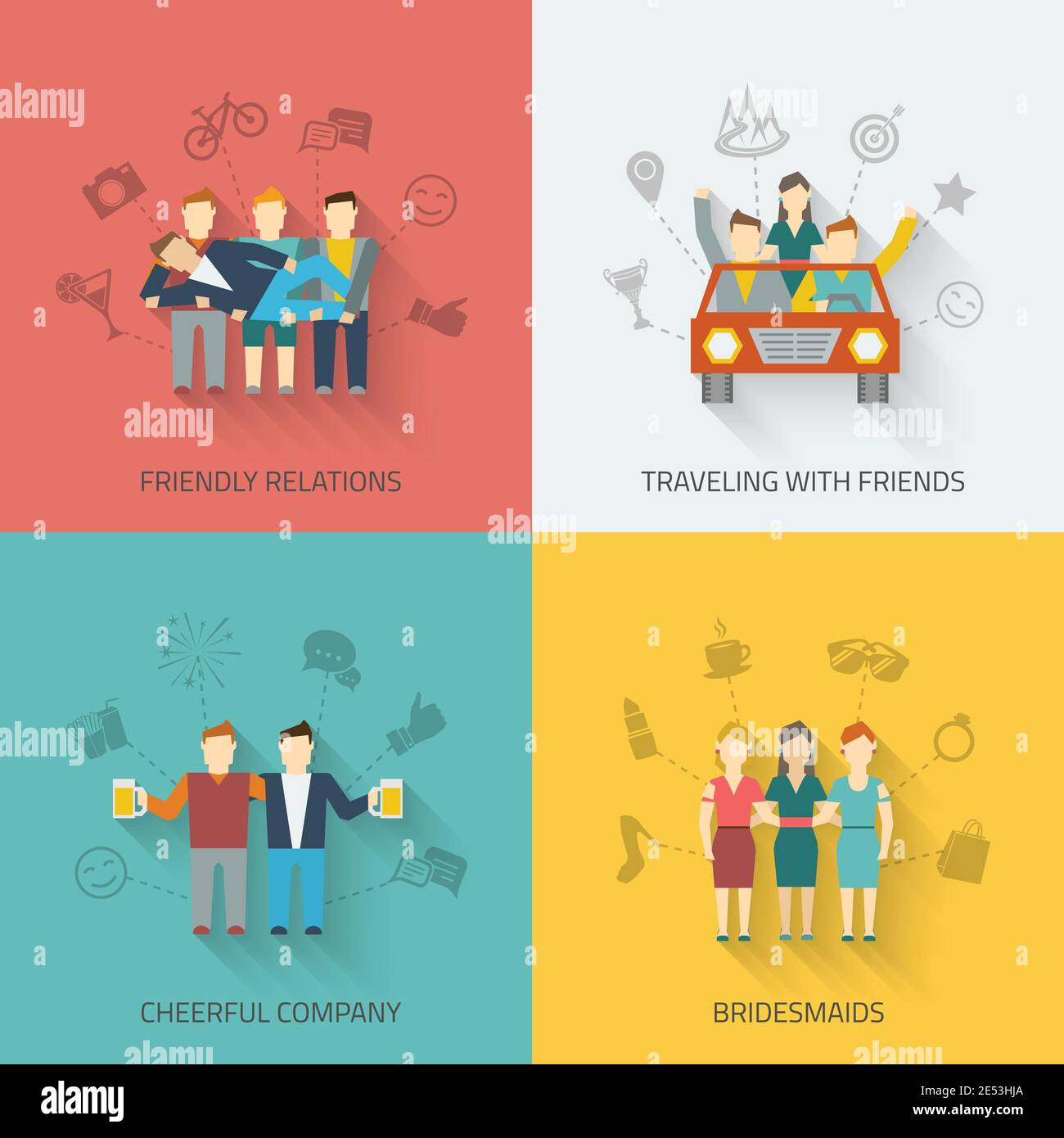 Friends icons flat set with friendly relations travelling cheerful ...