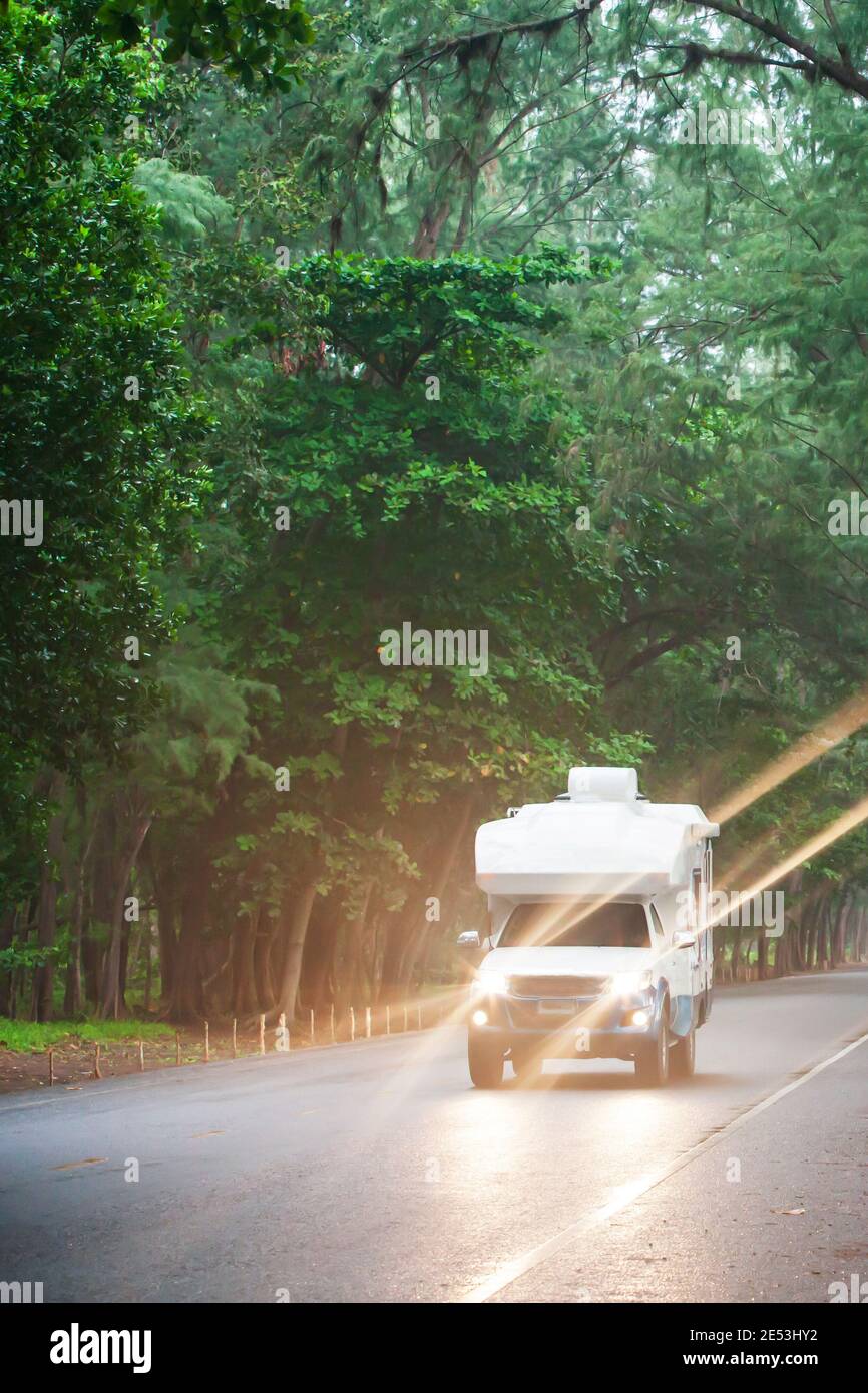 Traveling in a campervan on the pine road at dusk, a campervan or ...