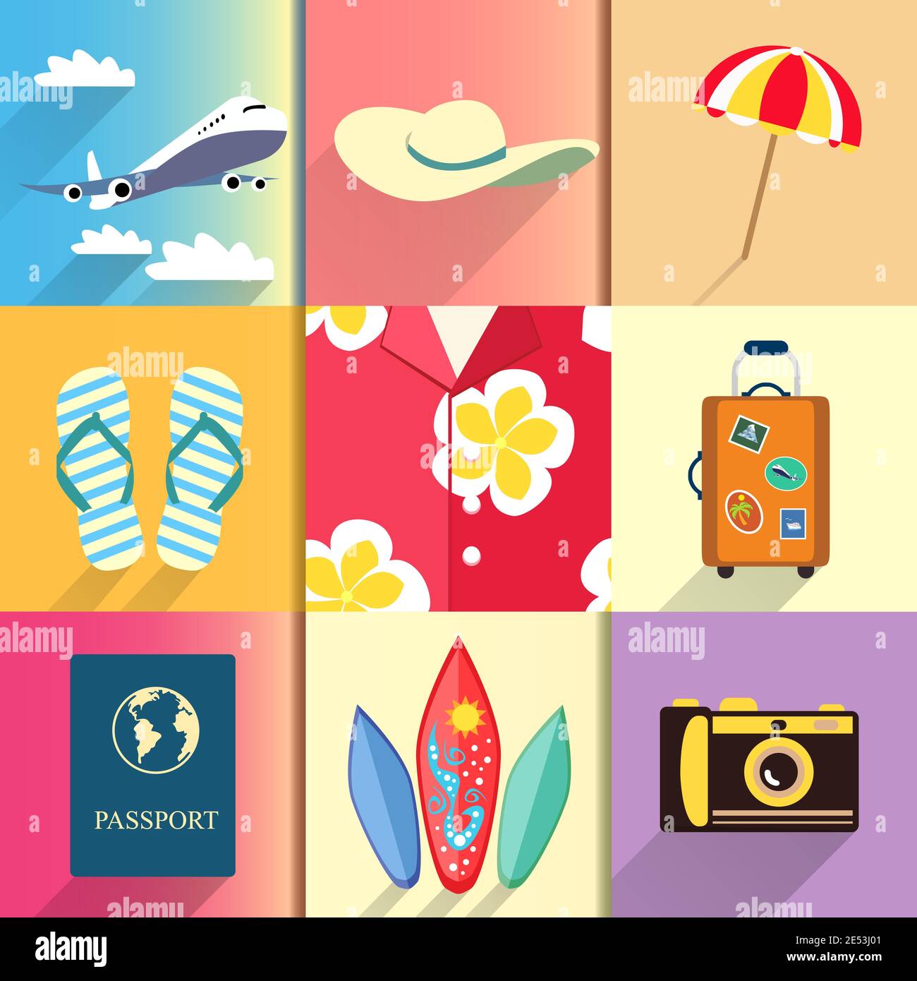Aloha shirt. Travel and vacation icons set with plane passport and ...