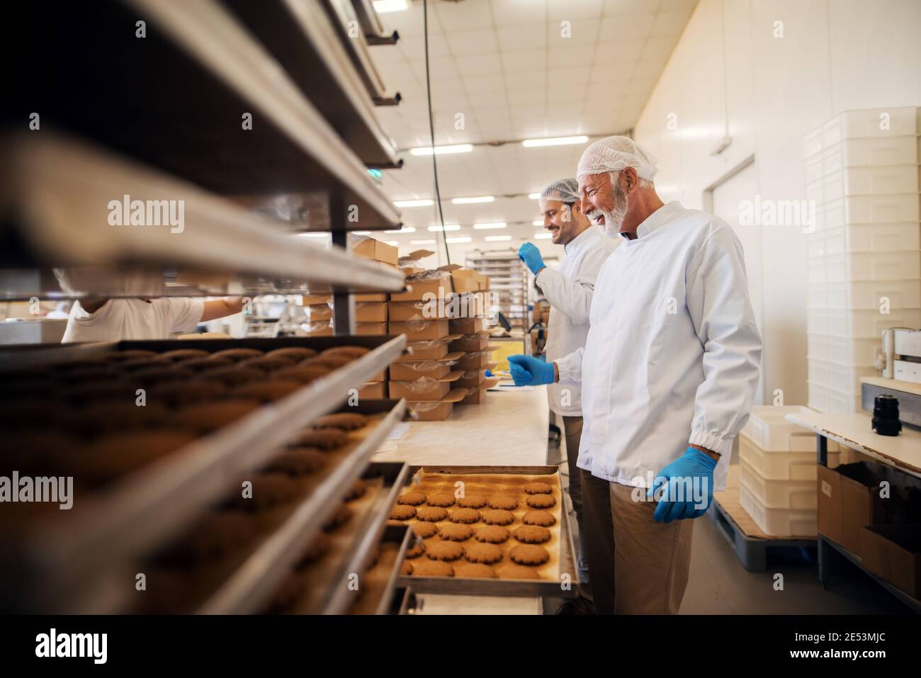 Workers packing cookies in boxes while standing in food factory Stock ...
