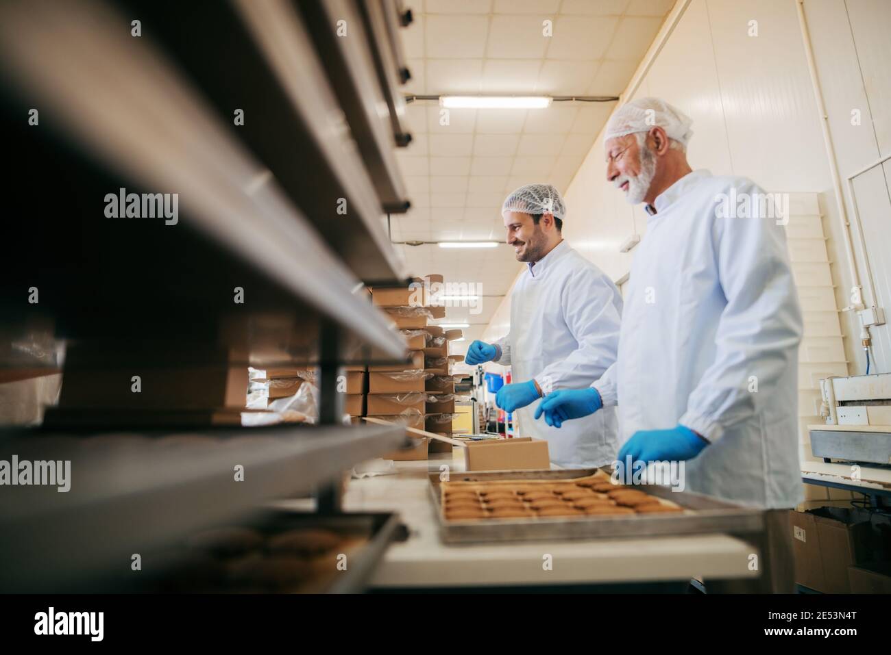 Workers packing cookies in boxes while standing in food factory Stock ...