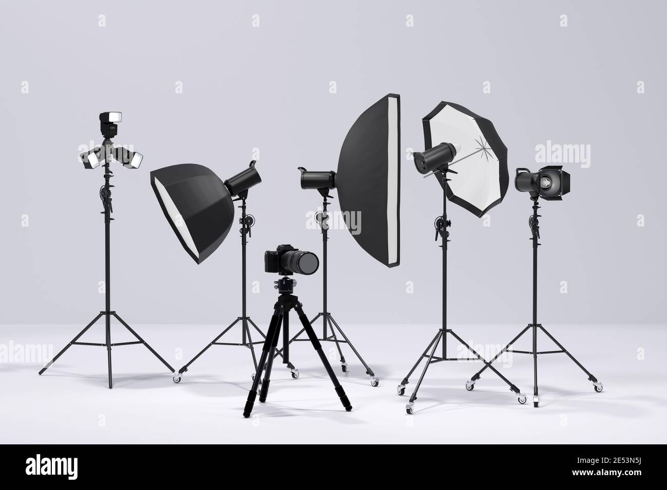 Photography studio flash on a lighting stand on white background Stock ...