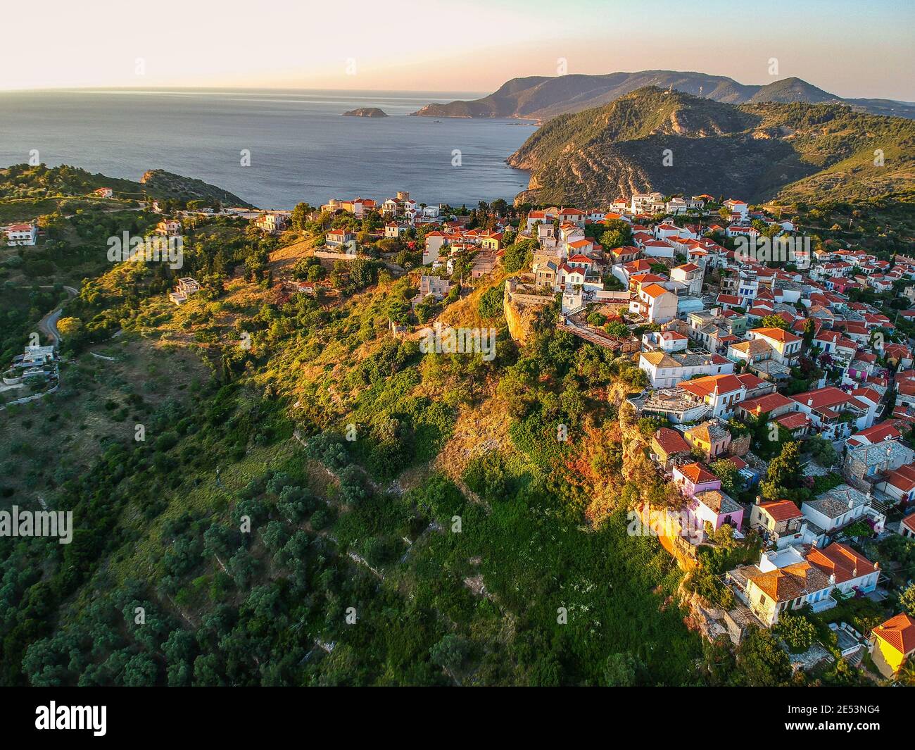 Aerial panoramic view over Chora the beautiful old Village of Alonnisos ...