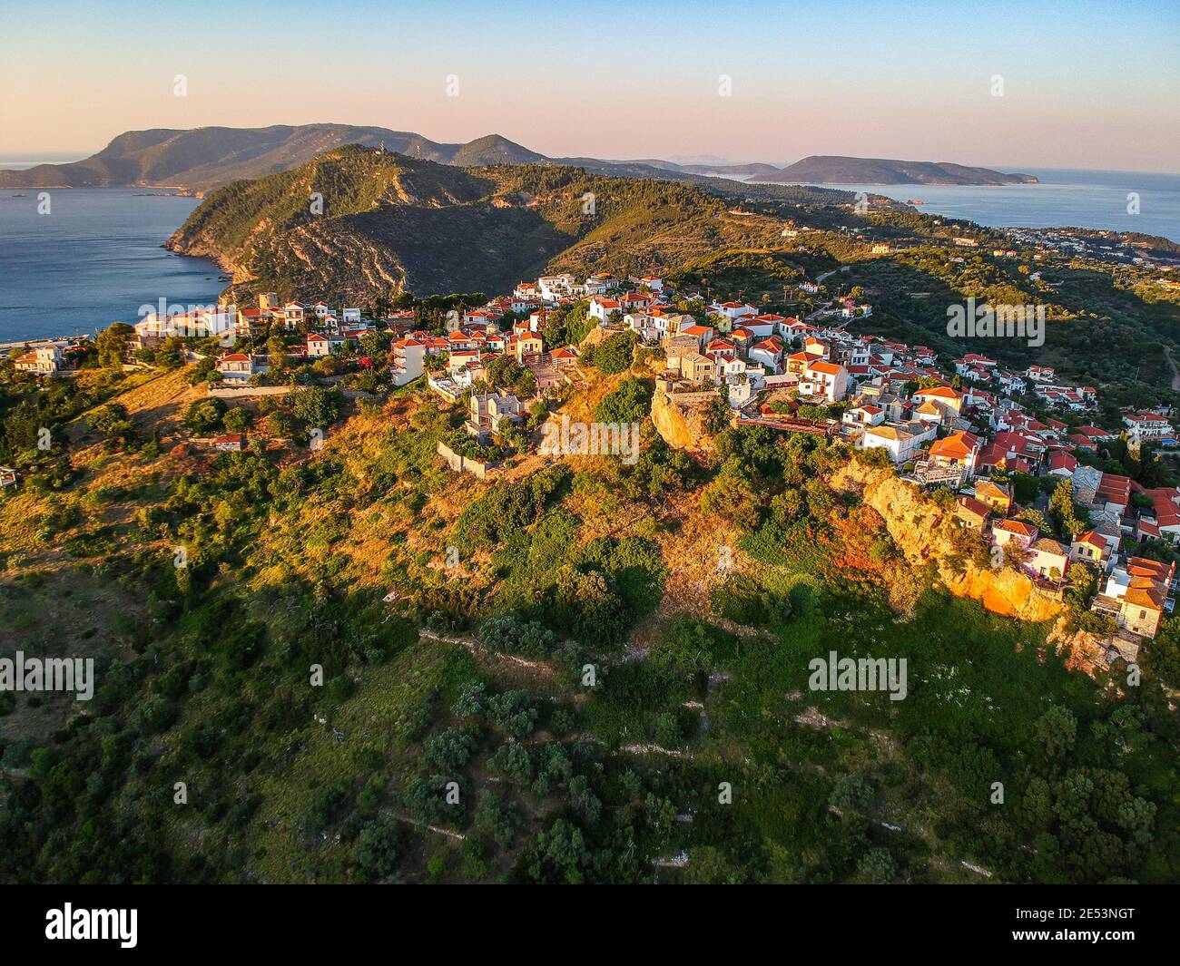 Aerial panoramic view over Chora the beautiful old Village of Alonnisos ...