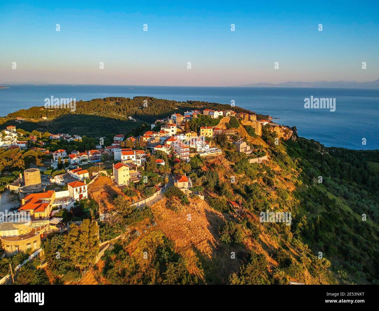 Aerial panoramic view over Chora the beautiful old Village of Alonnisos ...