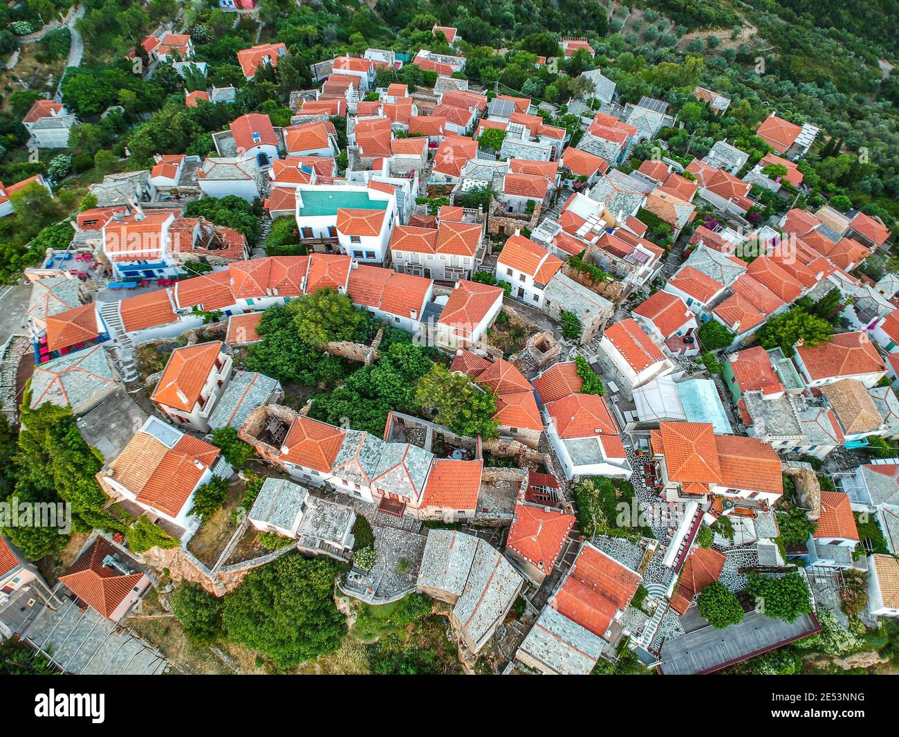 Aerial panoramic view over Chora the beautiful old Village of Alonnisos ...