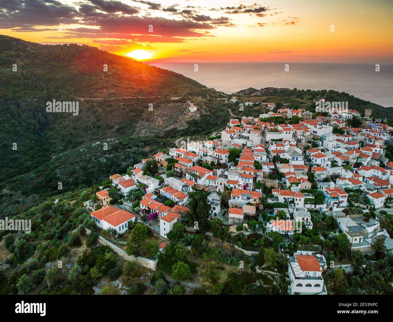 Aerial panoramic view over Chora the beautiful old Village of Alonnisos ...