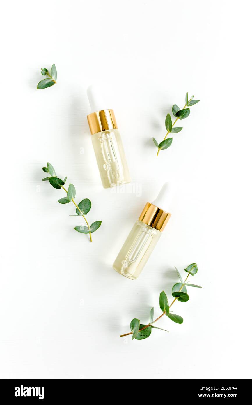 Eucalyptus essential oil, eucalyptus leaves on white background ...