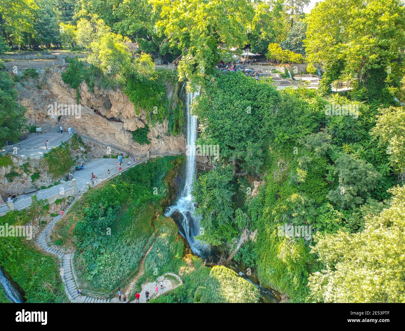 Aerial panoramic view of the powerful waterfalls of Edessa and the ...
