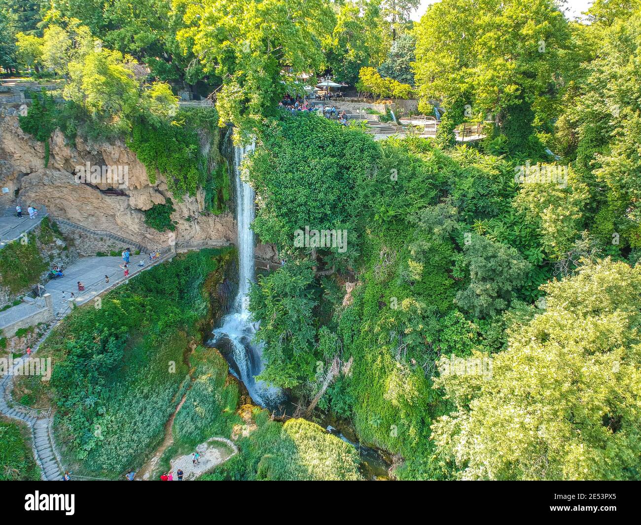 Aerial panoramic view of the powerful waterfalls of Edessa and the ...