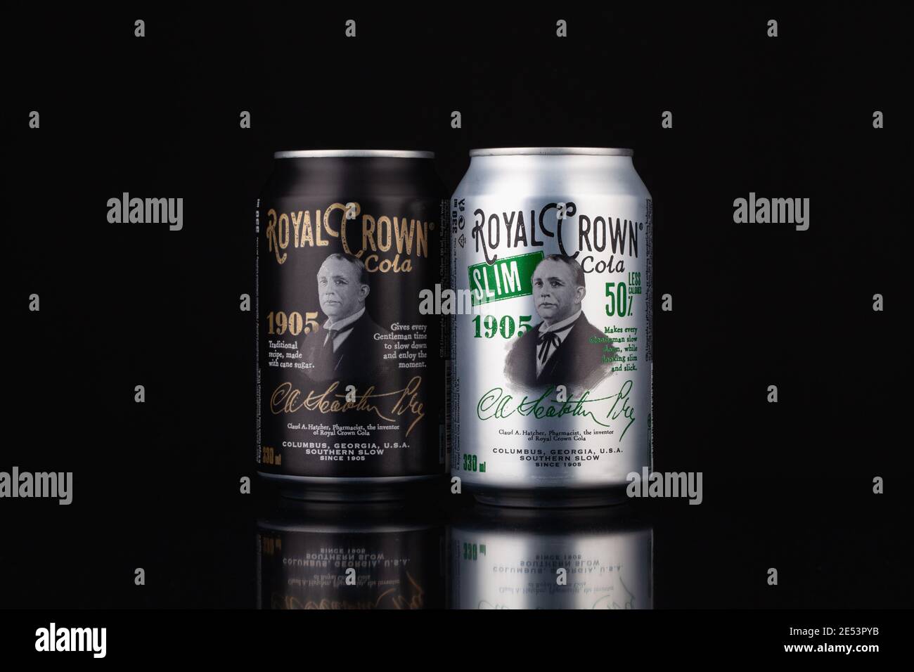 Prague,Czech Republic-18 January, 2021: Two cans of Royal Crown Cola on ...