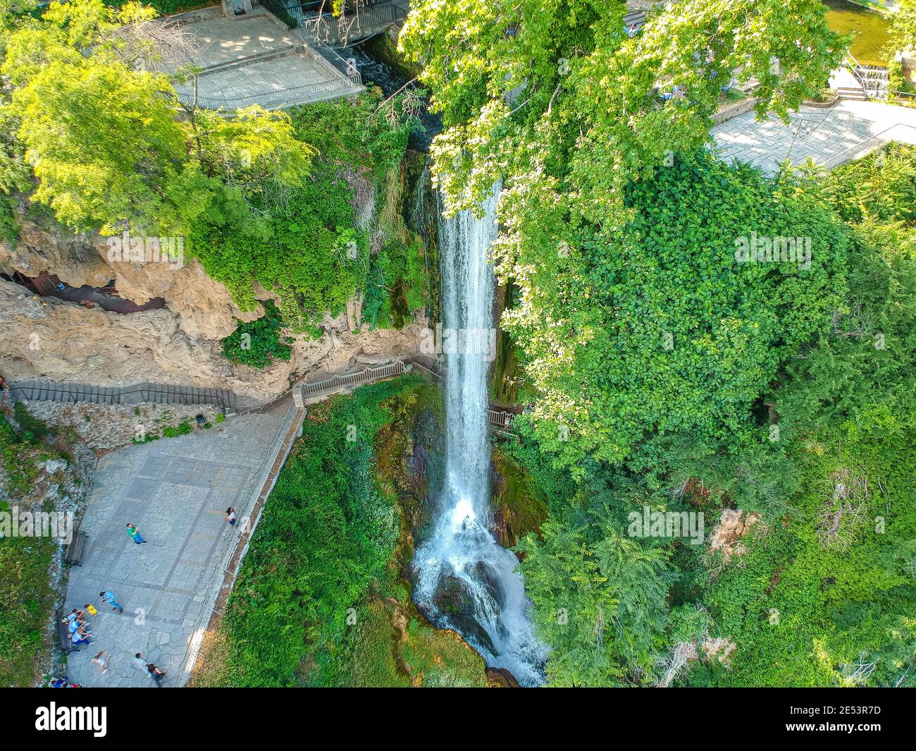 Aerial panoramic view of the powerful waterfalls of Edessa and the ...