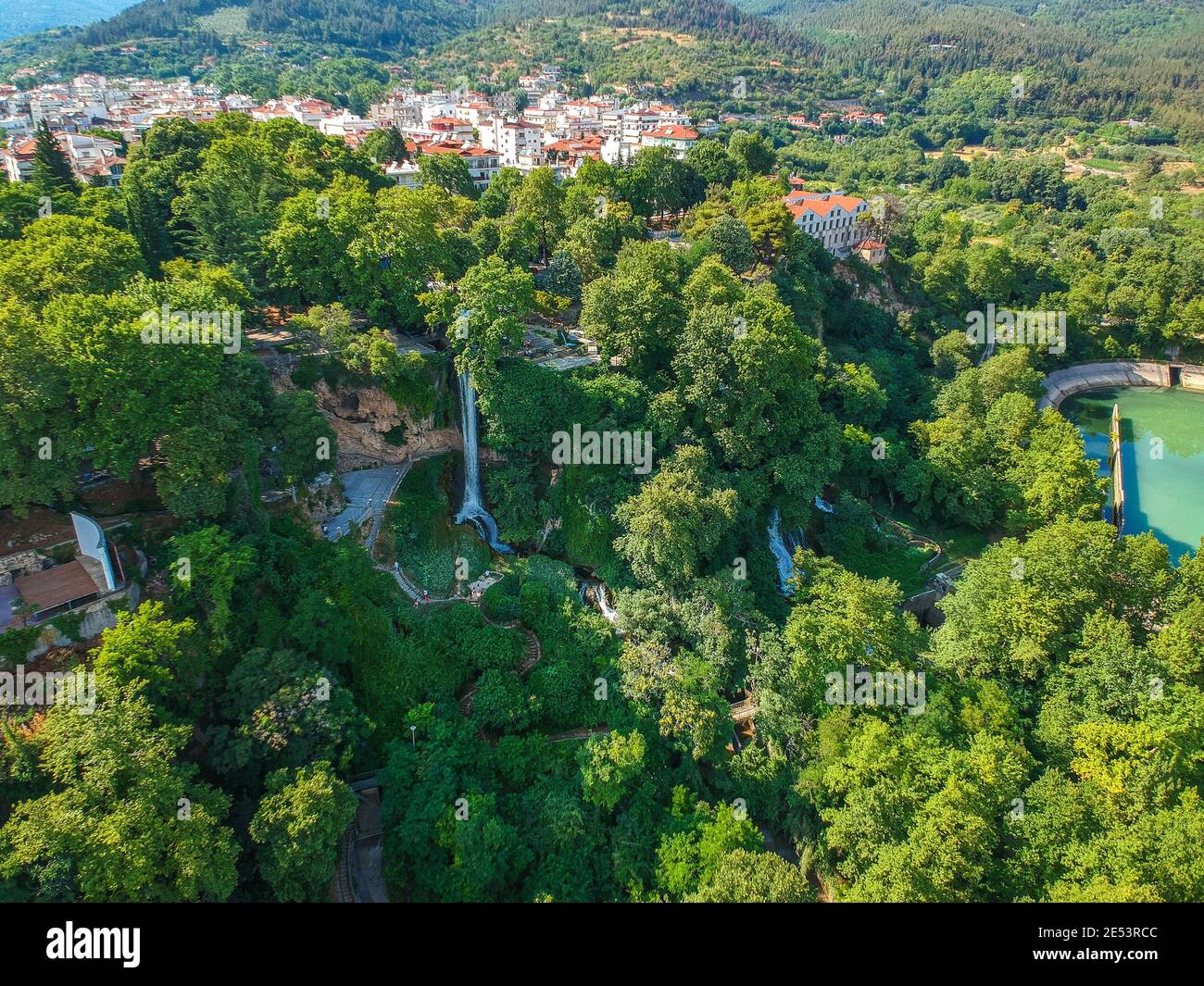 Aerial panoramic view of the powerful waterfalls of Edessa and the ...