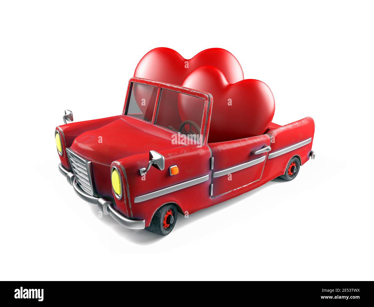 Couple of red hearts in cartoon sport car, Valentines Day Theme Concept ...