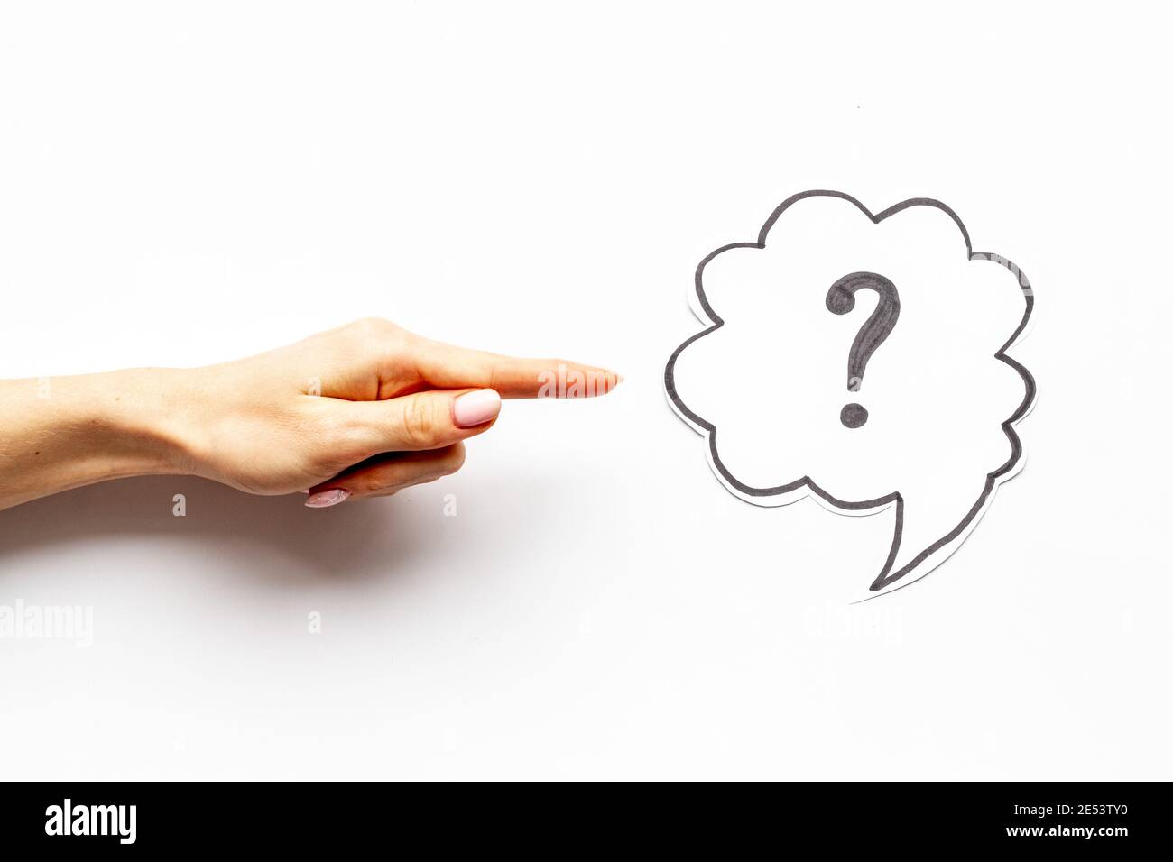 Question mark with hand pointing to a sign. FAQ or search information ...