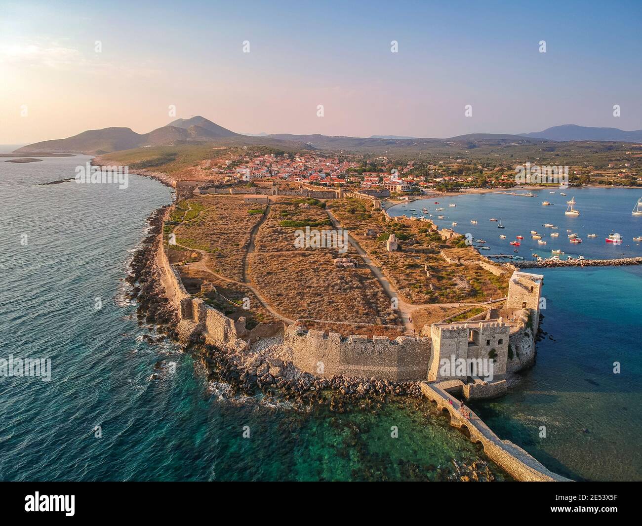 Aerial view over Methoni Castle and the fortified city. Its one of the ...