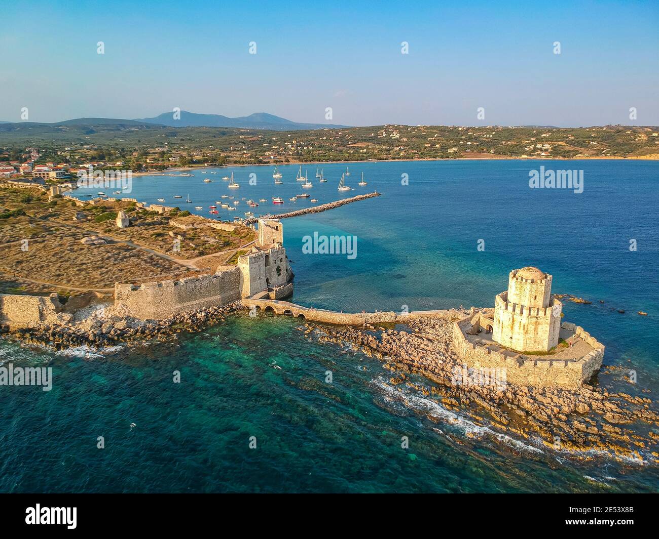 Aerial view over Methoni Castle and the fortified city. Its one of the ...