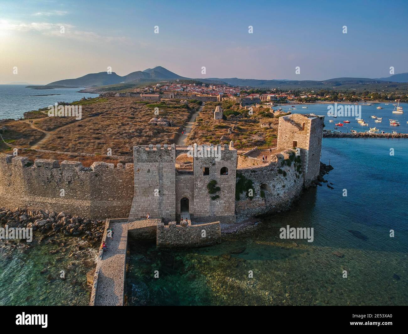 Aerial view over Methoni Castle and the fortified city. Its one of the ...
