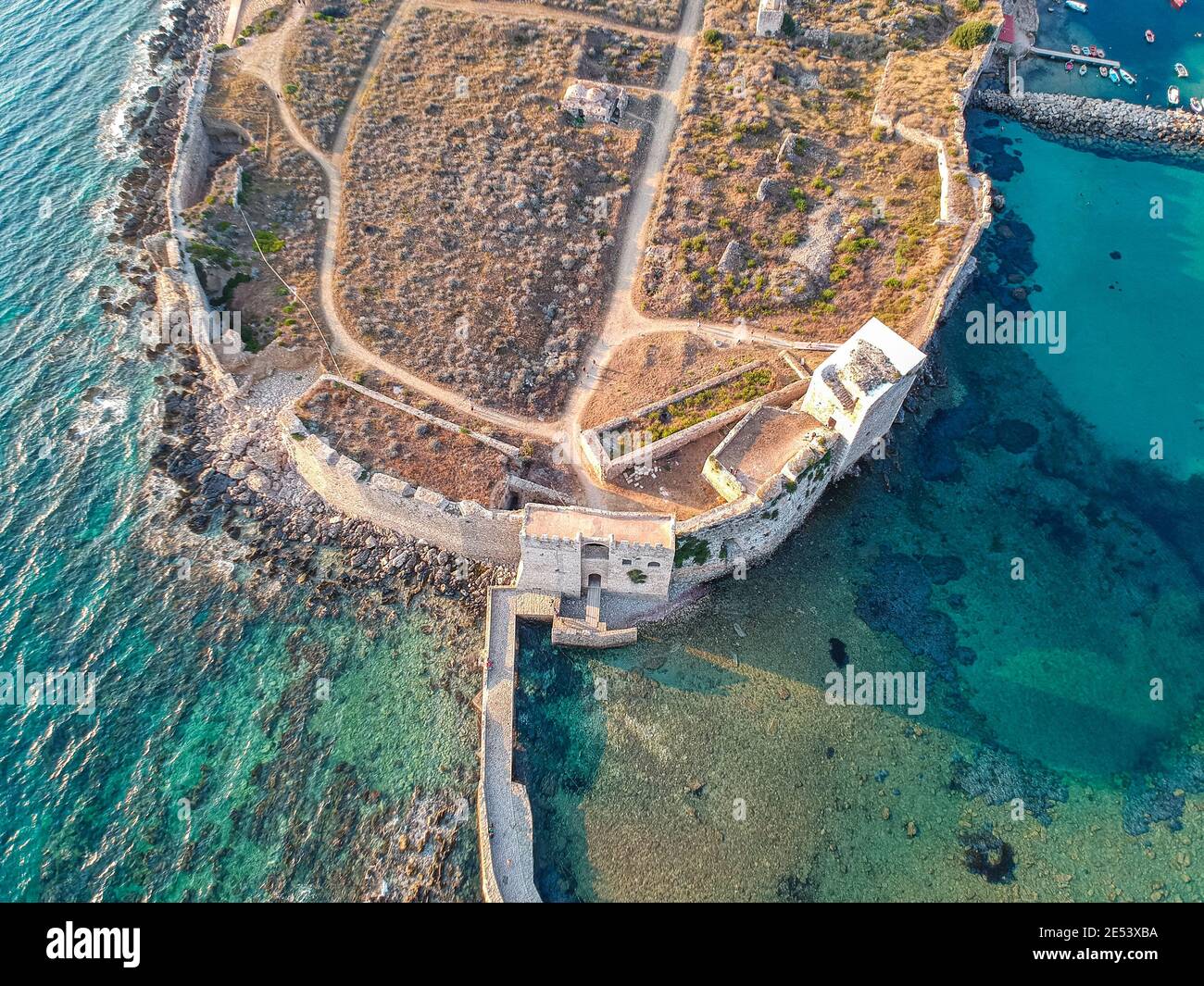 Aerial view over Methoni Castle and the fortified city. Its one of the ...