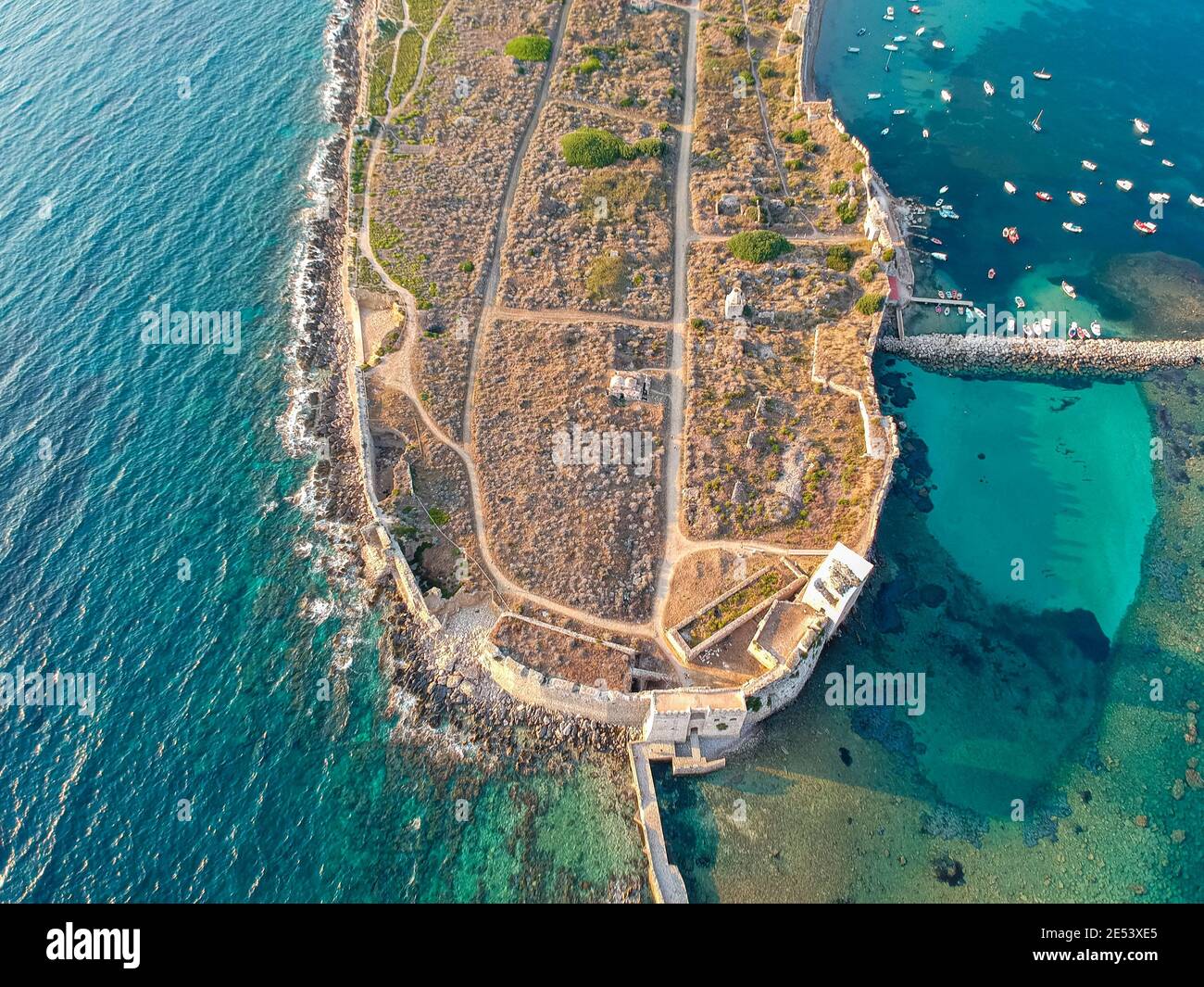 Aerial view over Methoni Castle and the fortified city. Its one of the ...