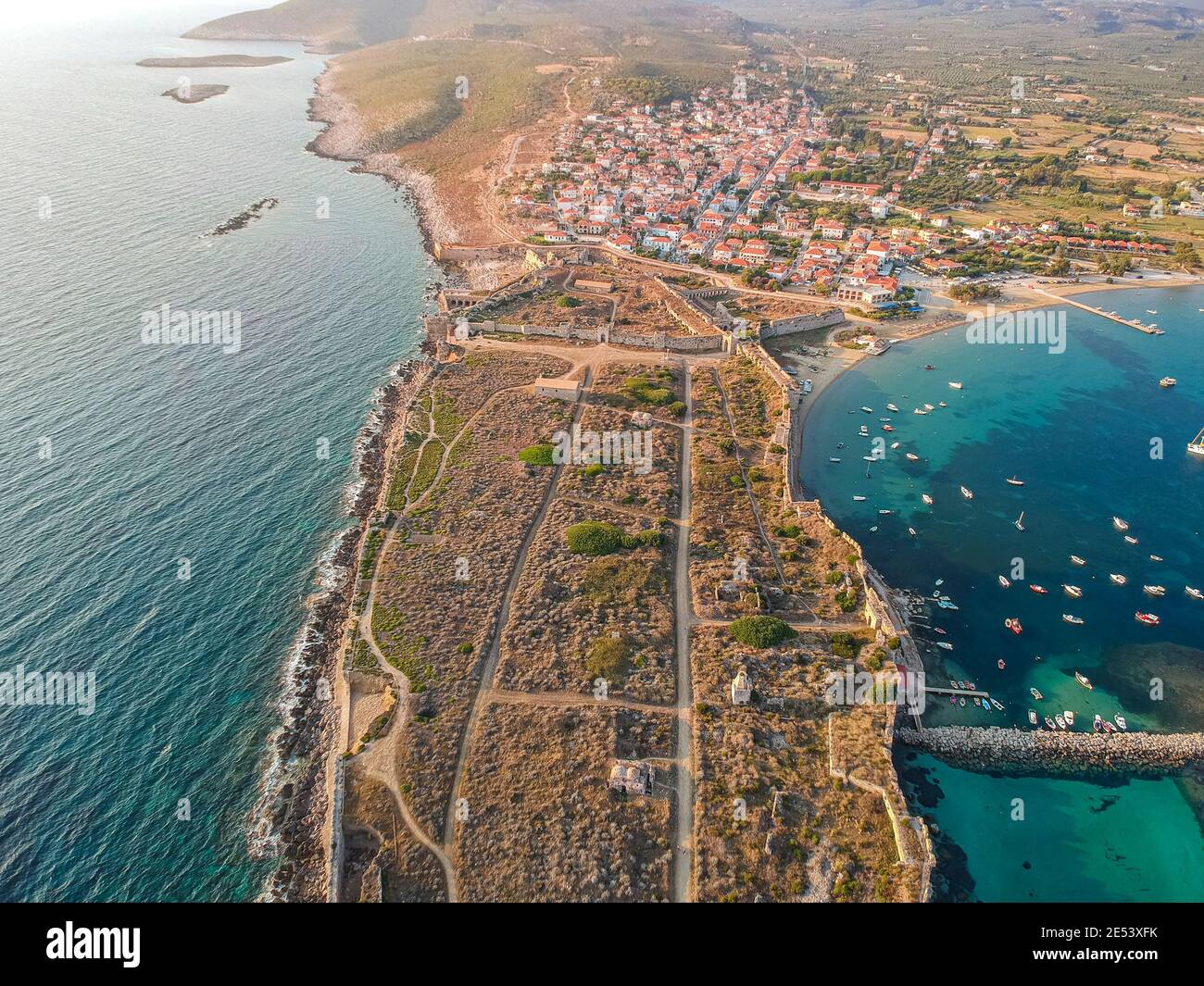 Aerial view over Methoni Castle and the fortified city. Its one of the ...