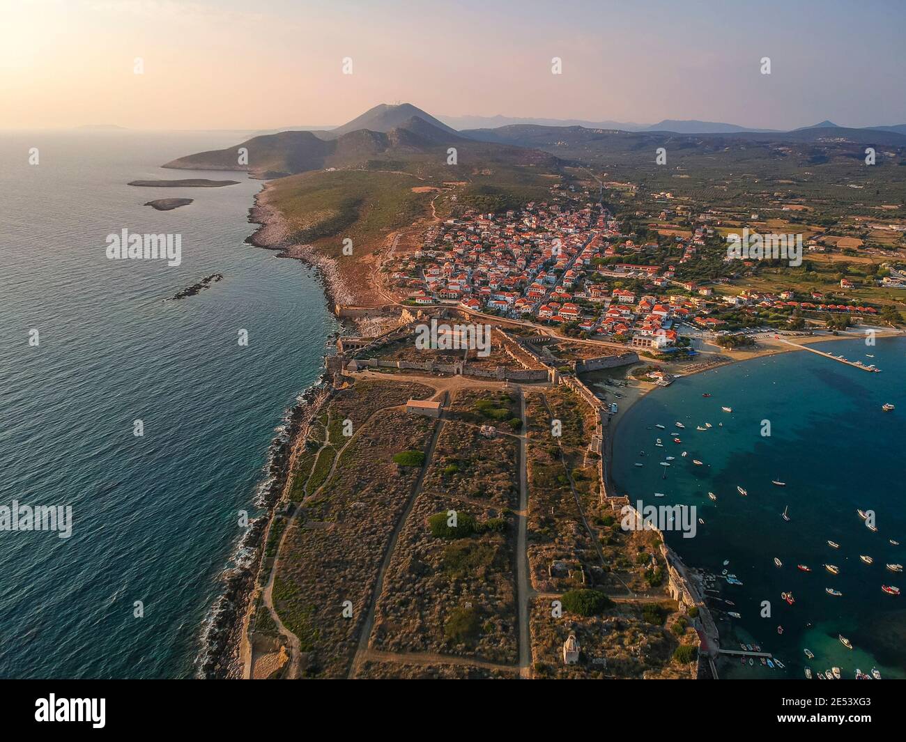 Aerial view over Methoni Castle and the fortified city. Its one of the ...